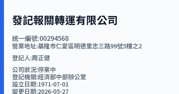 發記報關轉運有限公司的照片-統編 00294568(基隆市) 公司登記資料與營業項目詳細圖表