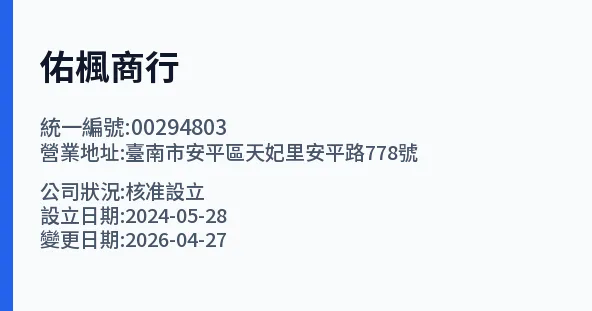 佑楓商行的照片-統編 00294803(臺南市) 公司登記資料與營業項目詳細圖表
