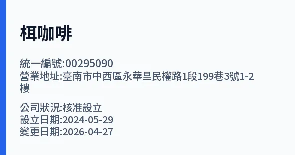 栮咖啡的照片-統編 00295090(臺南市) 公司登記資料與營業項目詳細圖表