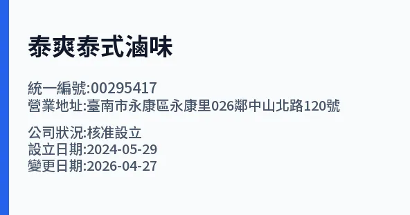 泰爽泰式滷味的照片-統編 00295417(臺南市) 公司登記資料與營業項目詳細圖表