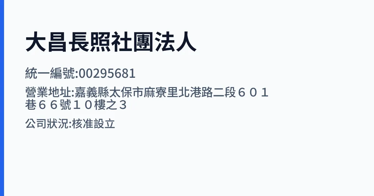 大昌長照社團法人 - 統編 00295681(嘉義縣) 公司登記資料與營業項目詳細圖表