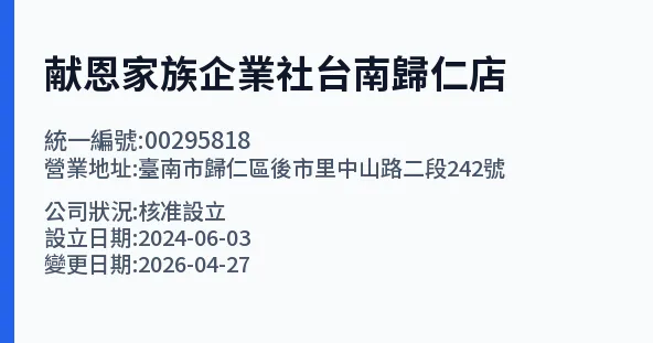 献恩家族企業社台南歸仁店的照片-統編 00295818(臺南市) 公司登記資料與營業項目詳細圖表