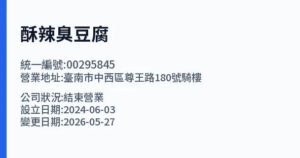 酥辣臭豆腐的照片-統編 00295845(臺南市) 公司登記資料與營業項目詳細圖表