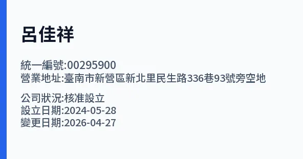 呂佳祥的照片-統編 00295900(臺南市) 公司登記資料與營業項目詳細圖表