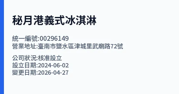 秘月港義式冰淇淋的照片-統編 00296149(臺南市) 公司登記資料與營業項目詳細圖表
