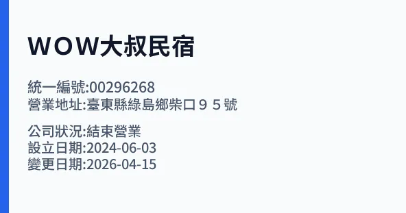 ＷＯＷ大叔民宿的照片-統編 00296268(臺東縣) 公司登記資料與營業項目詳細圖表