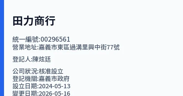 田力商行的照片-統編 00296561(嘉義市) 公司登記資料與營業項目詳細圖表