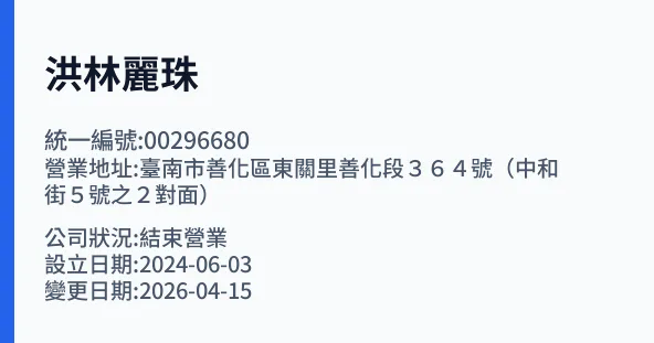 洪林麗珠的照片-統編 00296680(臺南市) 公司登記資料與營業項目詳細圖表