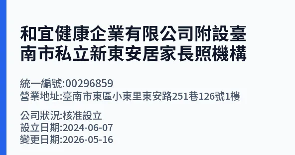 和宜健康企業有限公司附設臺南市私立新東安居家長照機構的照片-統編 00296859(臺南市) 公司登記資料與營業項目詳細圖表