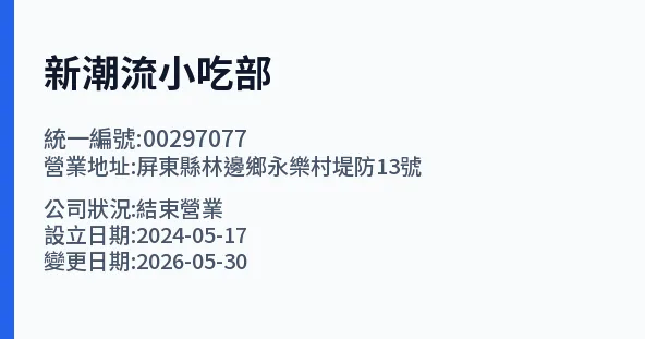 新潮流小吃部的照片-統編 00297077(屏東縣) 公司登記資料與營業項目詳細圖表