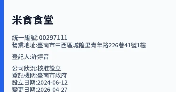 米食食堂的照片-統編 00297111(臺南市) 公司登記資料與營業項目詳細圖表
