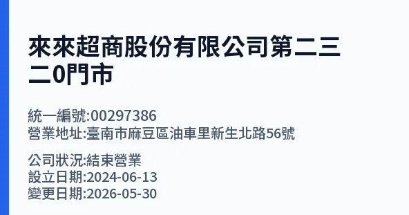 來來超商股份有限公司第二三二0門市的照片-統編 00297386(臺南市) 公司登記資料與營業項目詳細圖表