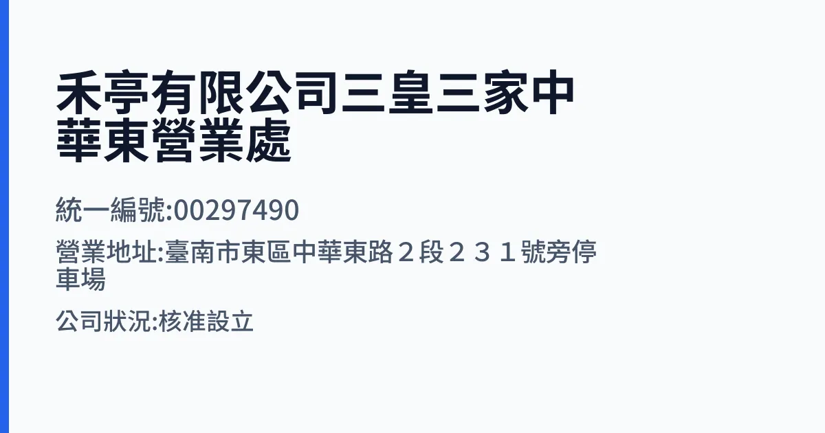 禾亭有限公司三皇三家中華東營業處 - 統編 00297490(臺南市) 公司登記資料與營業項目詳細圖表