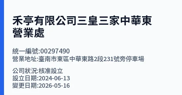 禾亭有限公司三皇三家中華東營業處的照片-統編 00297490(臺南市) 公司登記資料與營業項目詳細圖表