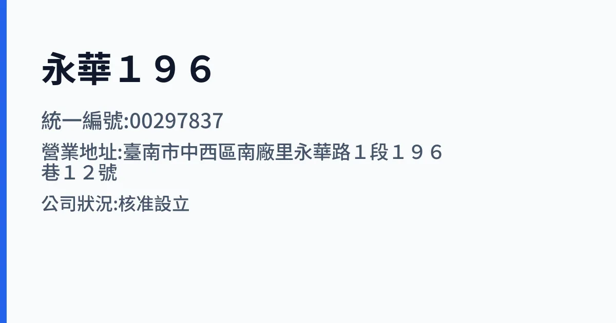 永華１９６ - 統編 00297837(臺南市) 公司登記資料與營業項目詳細圖表