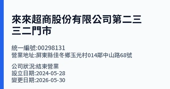 來來超商股份有限公司第二三三二門市的照片-統編 00298131(屏東縣) 公司登記資料與營業項目詳細圖表