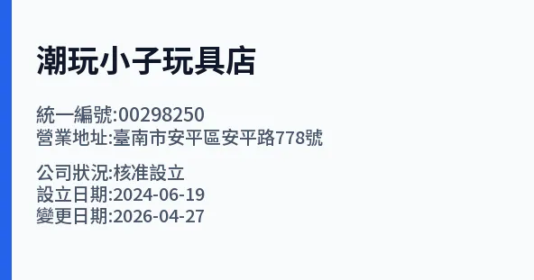 潮玩小子玩具店的照片-統編 00298250(臺南市) 公司登記資料與營業項目詳細圖表