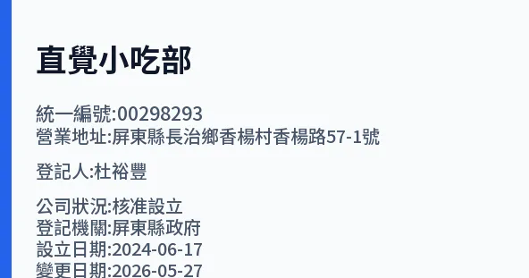 直覺小吃部的照片-統編 00298293(屏東縣) 公司登記資料與營業項目詳細圖表