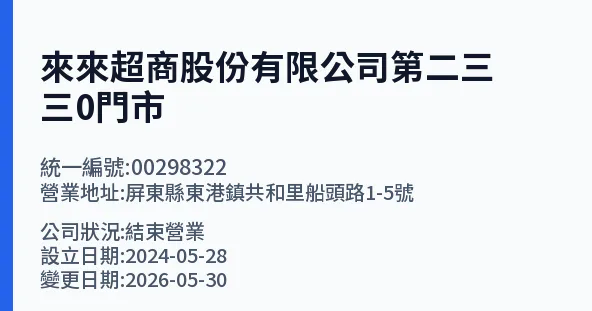 來來超商股份有限公司第二三三0門市的照片-統編 00298322(屏東縣) 公司登記資料與營業項目詳細圖表