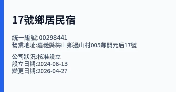 17號鄉居民宿的照片-統編 00298441(嘉義縣) 公司登記資料與營業項目詳細圖表
