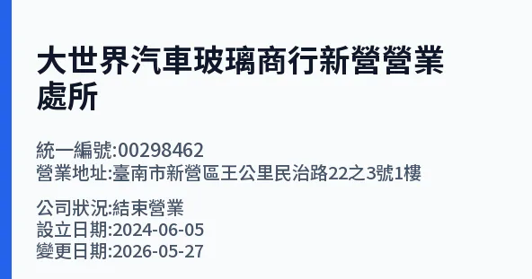 大世界汽車玻璃商行新營營業處所的照片-統編 00298462(臺南市) 公司登記資料與營業項目詳細圖表