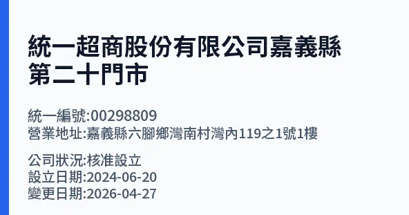 統一超商股份有限公司嘉義縣第二十門市的照片-統編 00298809(嘉義縣) 公司登記資料與營業項目詳細圖表