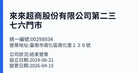 來來超商股份有限公司第二三七六門市的照片-統編 00298934(臺南市) 公司登記資料與營業項目詳細圖表