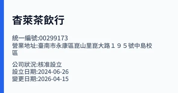 杳萊茶飲行的照片-統編 00299173(臺南市) 公司登記資料與營業項目詳細圖表