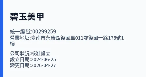 碧玉美甲的照片-統編 00299259(臺南市) 公司登記資料與營業項目詳細圖表