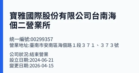 寶雅國際股份有限公司台南海佃二營業所的照片-統編 00299357(臺南市) 公司登記資料與營業項目詳細圖表