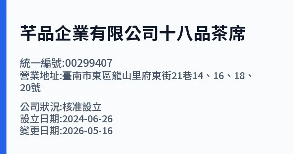 芊品企業有限公司十八品茶席的照片-統編 00299407(臺南市) 公司登記資料與營業項目詳細圖表