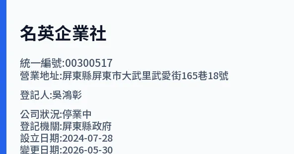 名英企業社的照片-統編 00300517(屏東縣) 公司登記資料與營業項目詳細圖表