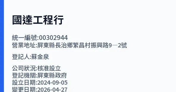 國達工程行的照片-統編 00302944(屏東縣) 公司登記資料與營業項目詳細圖表