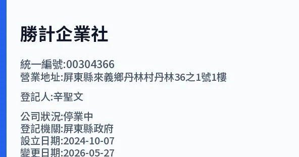 勝計企業社的照片-統編 00304366(屏東縣) 公司登記資料與營業項目詳細圖表