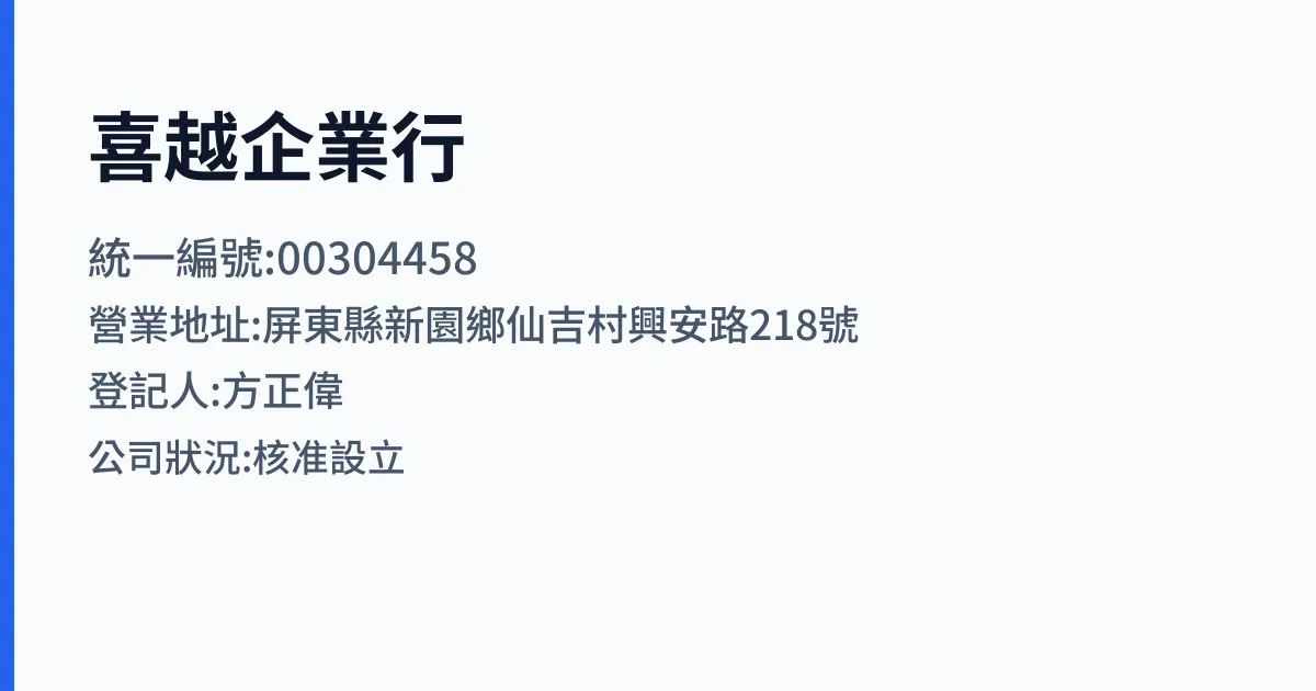 喜越企業行 - 統編 00304458(屏東縣) 公司登記資料與營業項目詳細圖表