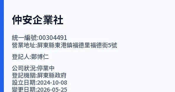 仲安企業社的照片-統編 00304491(屏東縣) 公司登記資料與營業項目詳細圖表