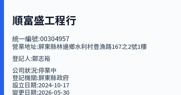 順富盛工程行的照片-統編 00304957(屏東縣) 公司登記資料與營業項目詳細圖表