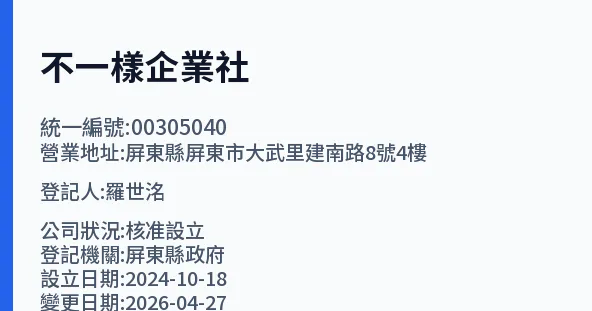 不一樣企業社的照片-統編 00305040(屏東縣) 公司登記資料與營業項目詳細圖表