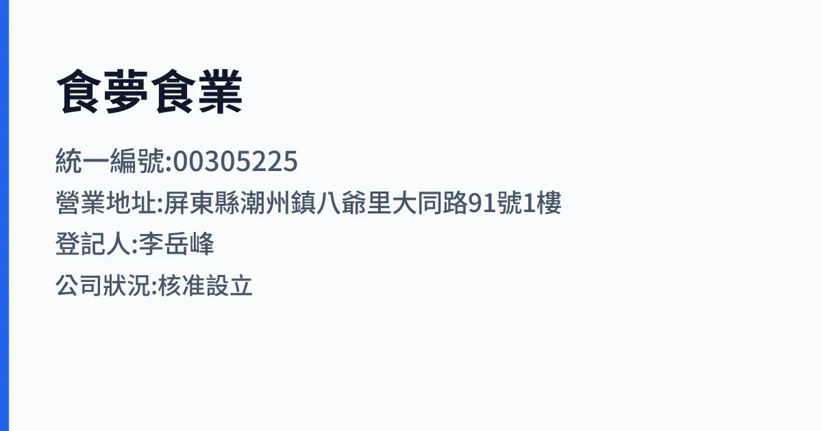 食夢食業 - 統編 00305225(屏東縣) 公司登記資料與營業項目詳細圖表