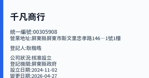 千凡商行的照片-統編 00305908(屏東縣) 公司登記資料與營業項目詳細圖表