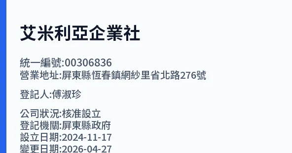 艾米利亞企業社的照片-統編 00306836(屏東縣) 公司登記資料與營業項目詳細圖表