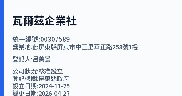 瓦爾茲企業社的照片-統編 00307589(屏東縣) 公司登記資料與營業項目詳細圖表