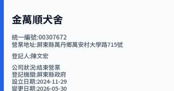 金萬順犬舍的照片-統編 00307672(屏東縣) 公司登記資料與營業項目詳細圖表