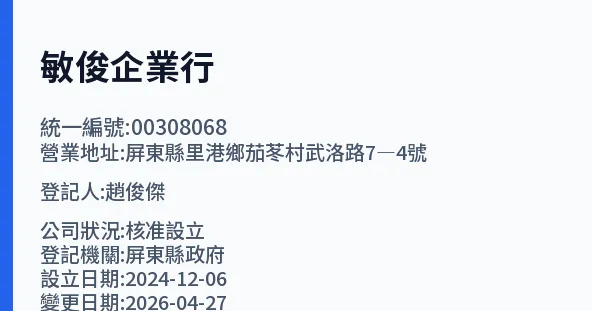 敏俊企業行的照片-統編 00308068(屏東縣) 公司登記資料與營業項目詳細圖表