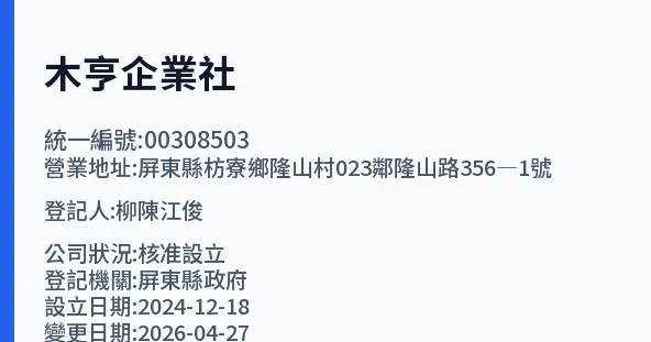 木亨企業社的照片-統編 00308503(屏東縣) 公司登記資料與營業項目詳細圖表