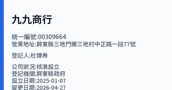 九九商行的照片-統編 00309664(屏東縣) 公司登記資料與營業項目詳細圖表