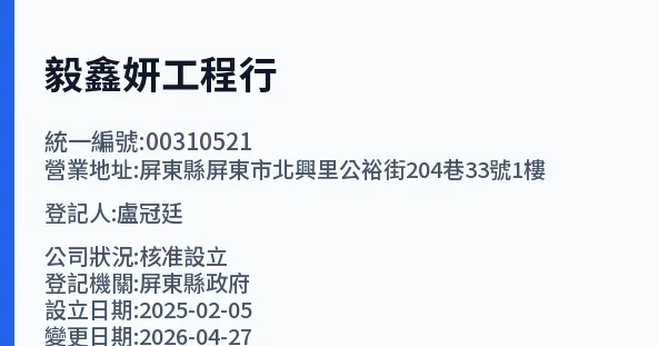 毅鑫妍工程行的照片-統編 00310521(屏東縣) 公司登記資料與營業項目詳細圖表