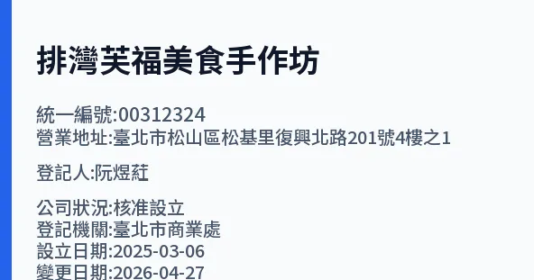 排灣芙福美食手作坊的照片-統編 00312324(臺北市) 公司登記資料與營業項目詳細圖表