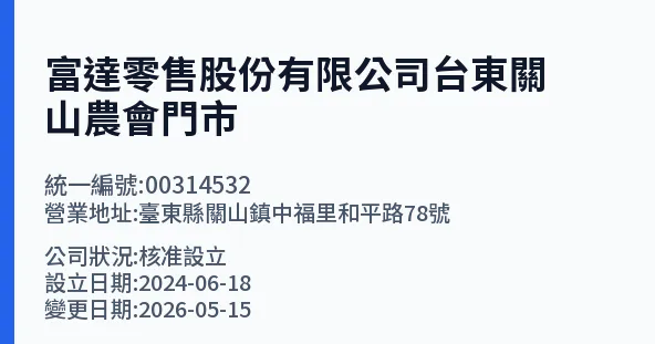 富達零售股份有限公司台東關山農會門市的照片-統編 00314532(臺東縣) 公司登記資料與營業項目詳細圖表