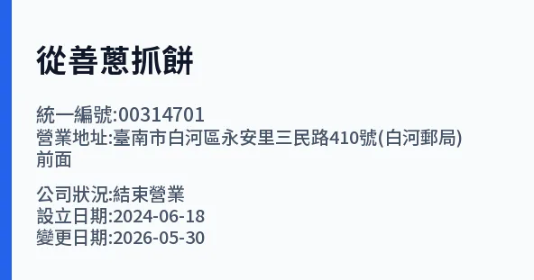 從善蔥抓餅的照片-統編 00314701(臺南市) 公司登記資料與營業項目詳細圖表